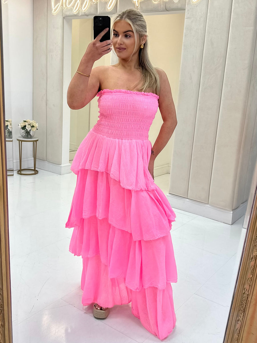 Kleo Neon Pink Bandeux Frou Frou Maxi Dress – ellatino london