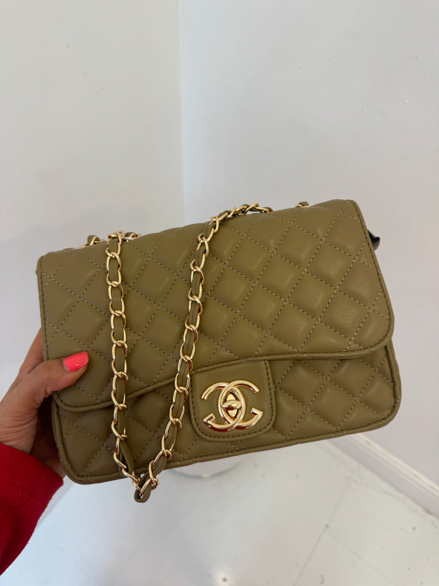 Sammi light khaki square Quilted Gold Chain Handbag – ellatino london